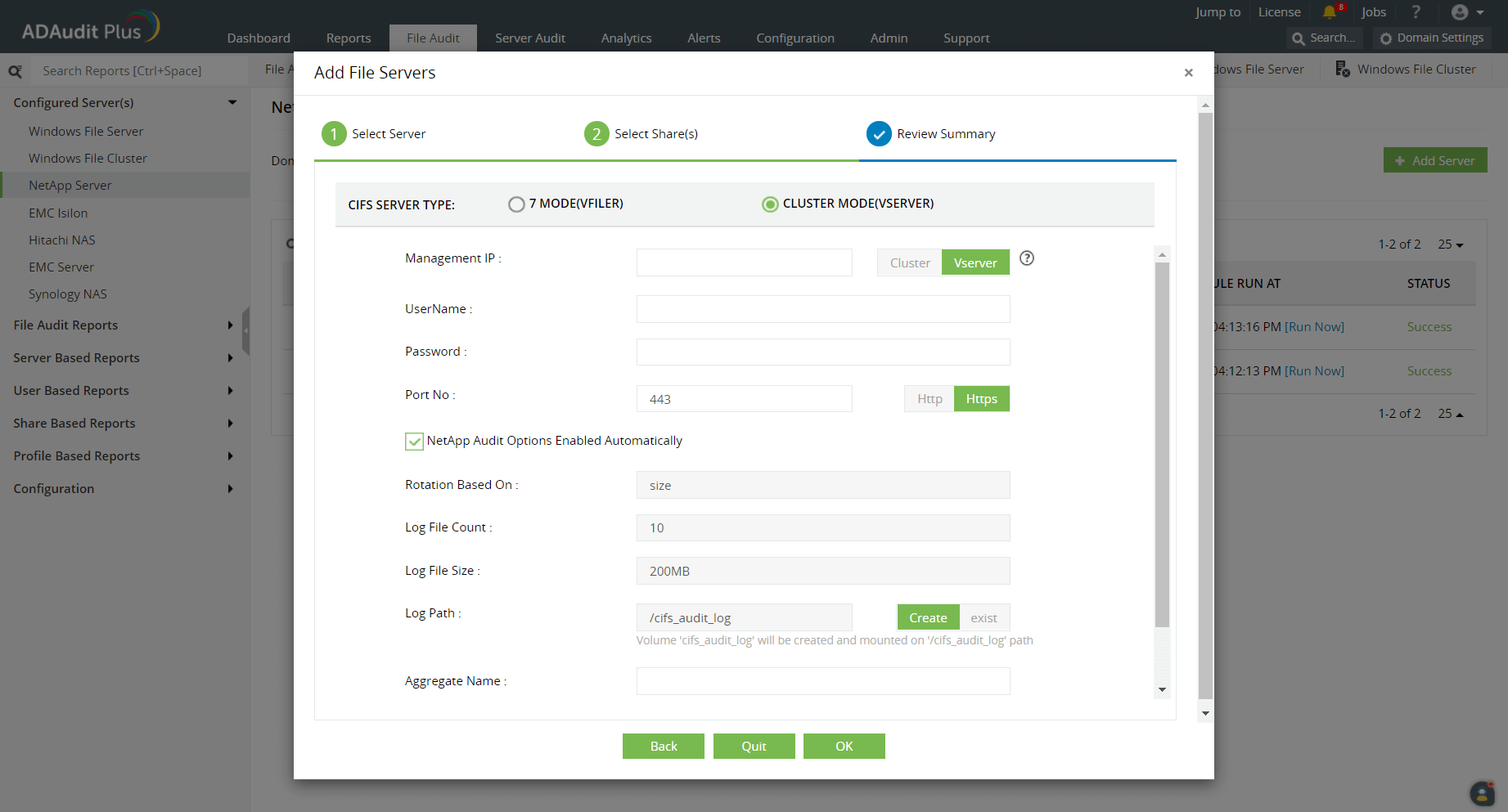 Audit options | NetApp cluster auditing guide | ManageEngine ADAudit Plus
