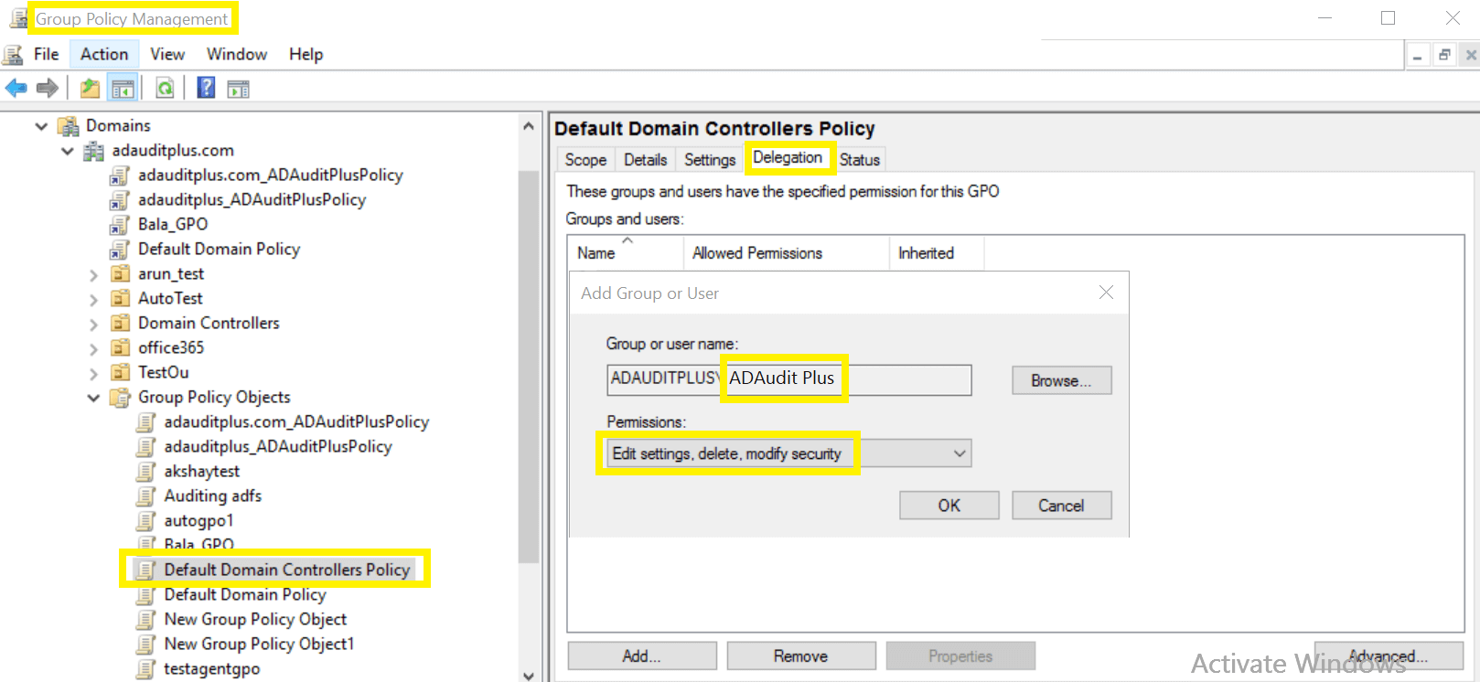 Privileges for auto audit config | Service account | ADAudit Plus