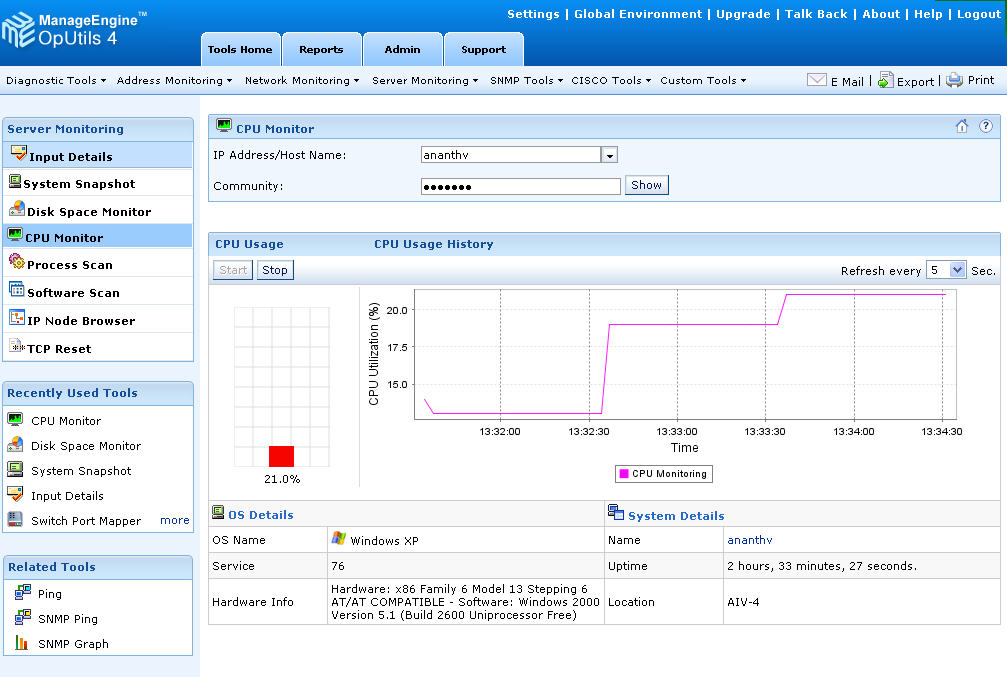 Disk Space Monitoring Cpu Monitoring Process Scan Tools From Manageengine Oputils