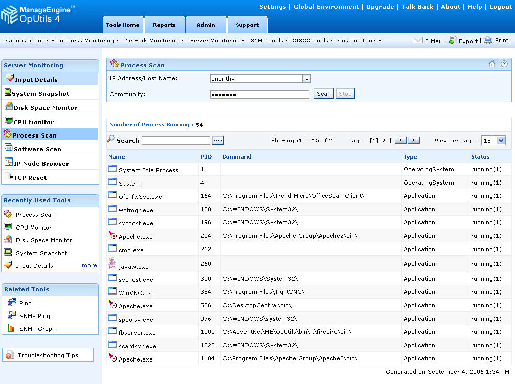 Disk Space Monitoring Cpu Monitoring Process Scan Tools From Manageengine Oputils